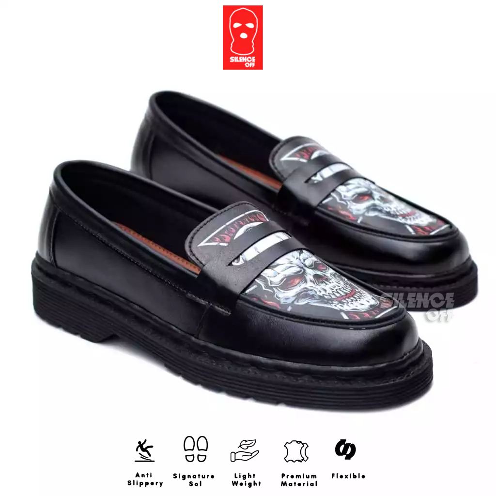 Jual Sepatu Loafers Docmart Casual Hitam Pria - SILENCE OFF SKULL PRINT ...