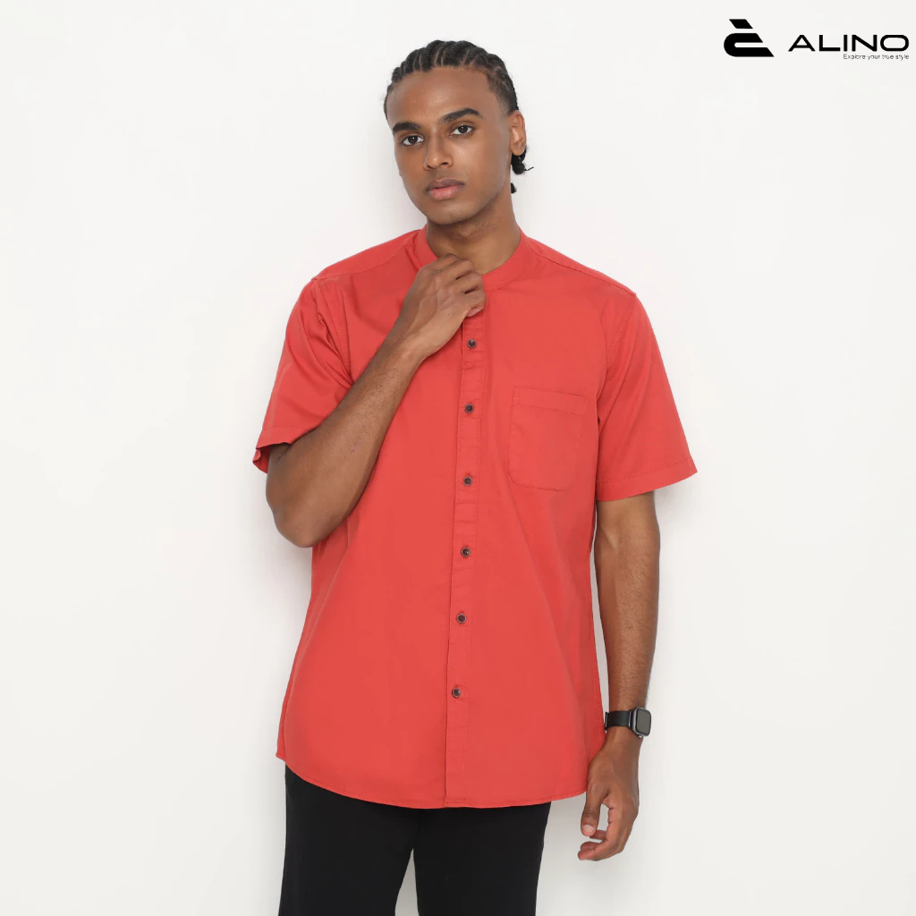 Jual ALINO Kemeja Pria Sanghai Polos Lengan Pendek Warna Merah Bata ...