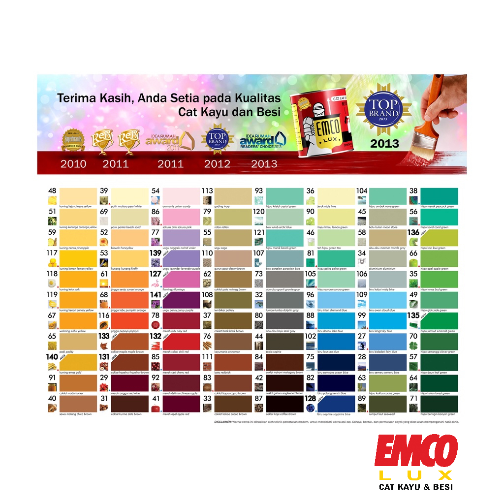 Jual Emco Lux Cat Kayu & Besi 1kg - Warna Standar Hitam Putih Merah Coklat Biru Hijau Kuning Abu ...