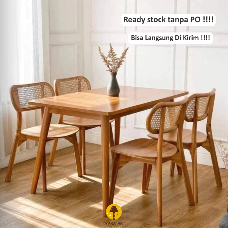 Jual DINING SET ||Set Meja Makan restoran cafe kursi rotan kayu jati daun meja 3cm | Shopee ...
