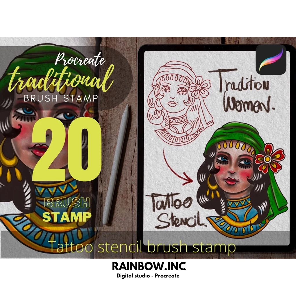 Jual Procreate Brush - Traditional Girl Tattoo Stencil ( free gift ...