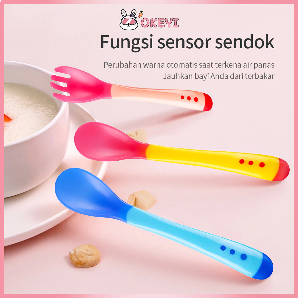 Jual OKEYI Peralatan makan bayi Sensor Panas sendok plastik dan garpu bayi | Shopee Indonesia