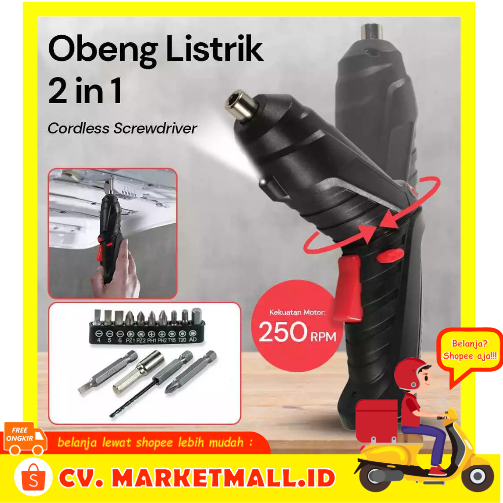 Jual Obeng Bor Listrik Tanpa Kabel Otomatis Cordless Screwdriver 2 in 1 250 RPM Baterai 1800 mAh ...