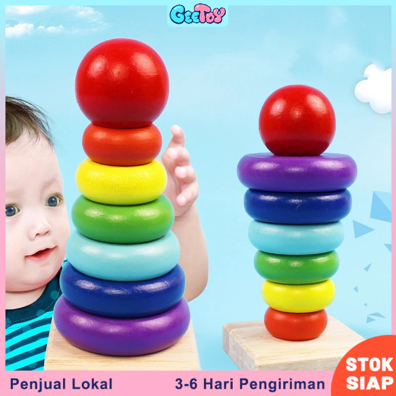 Jual GeeToy Mainan Pendidikan Puzzle Kayu Susun Standar Menara Pelangi ...