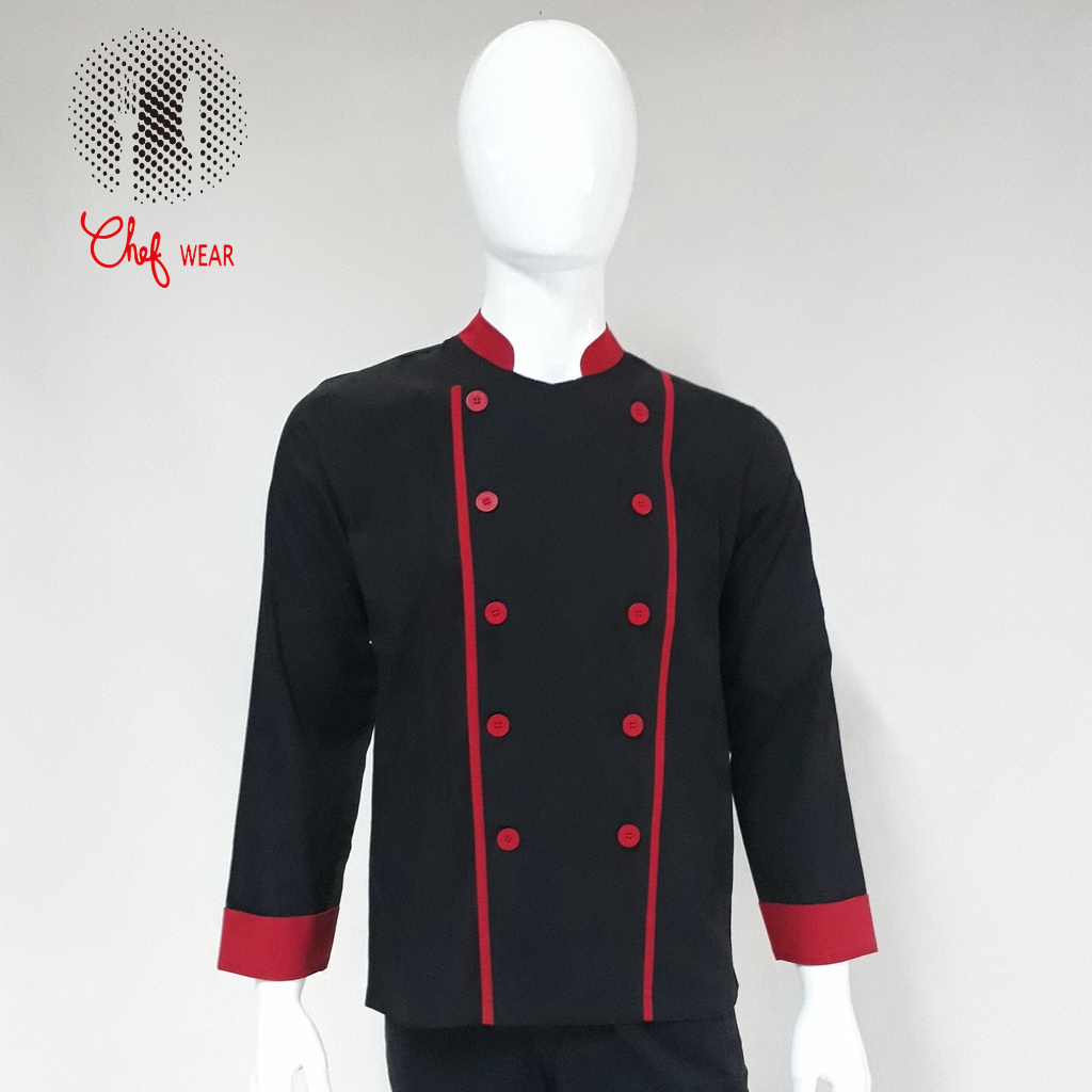Jual Chef Wear DIAZ Baju Koki LS Hitam - Merah | Shopee Indonesia
