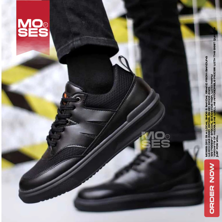 Jual MOSES Sepatu Formal Pria Full Hitam Casual Sneakers Kerja Sekolah ...