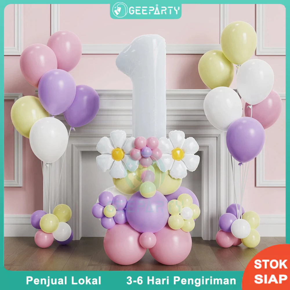Jual 45 Pcs Daisy Macaron Merah Muda Ungu Balon Set Putih 32 Inci Angka ...