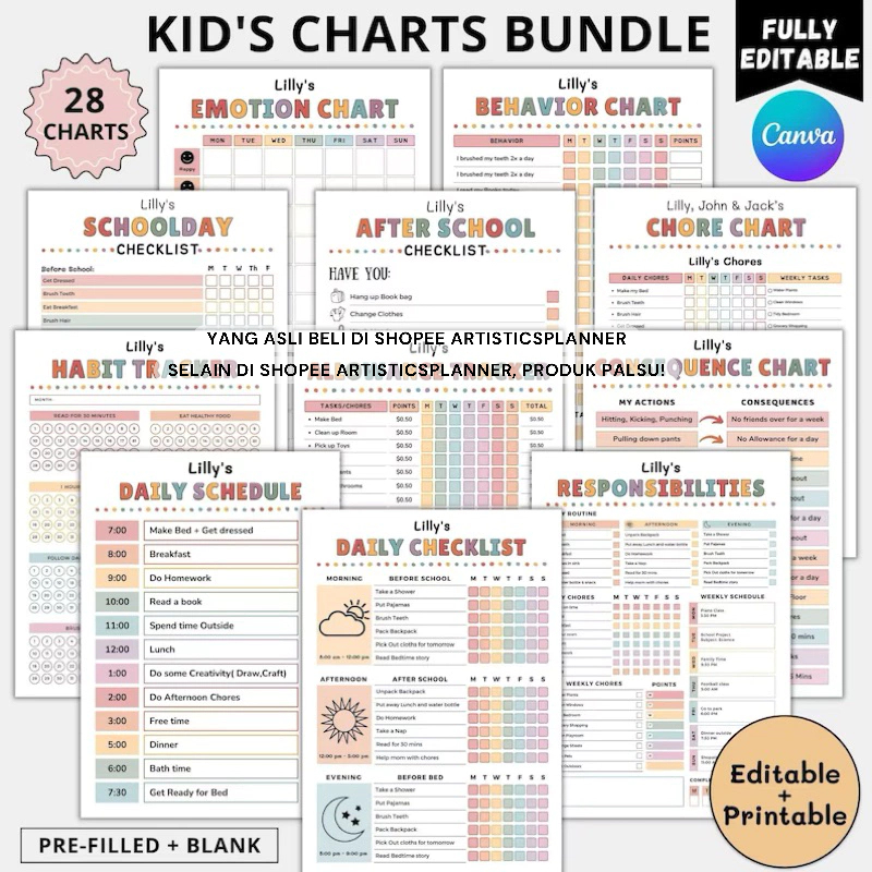 Jual Editable Chore Chart For Multiple Kids Canva, Responsibility Chart ...