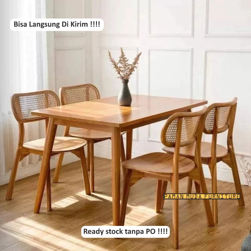 Jual Set Meja makan aestetic kayu kombinasi rotan | Shopee Indonesia