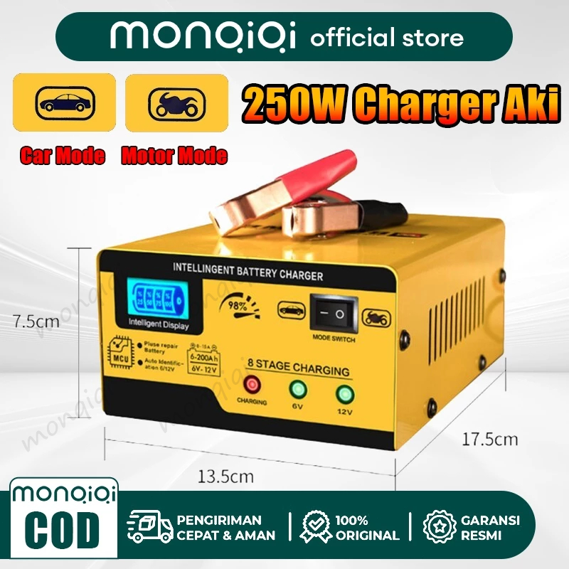 Jual Monqiqi 250W Charger Aki Mobil Dan Motor Otomatis Cas Accu Kering Dan Basah 250W 12V/24V ...