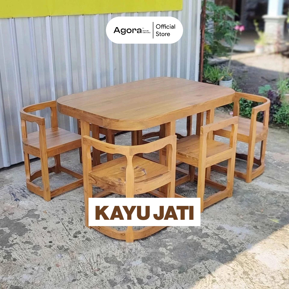 Jual Meja makan oval minimalis kayu jati 6 kursi simple hemat ruangan | Shopee Indonesia
