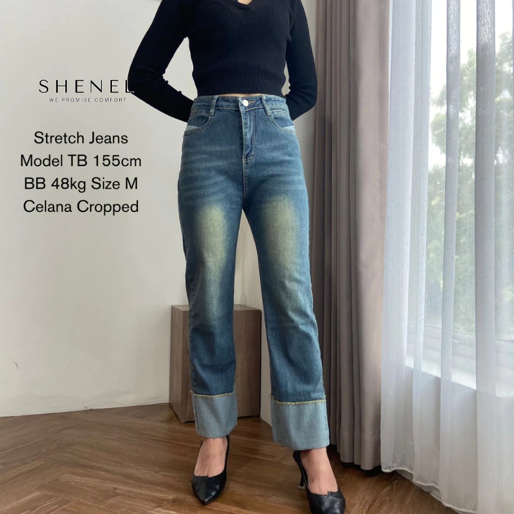 Jual Shenel | Jeans High Waist Wanita Stretch Jeans Kulot Hailey Biru ...
