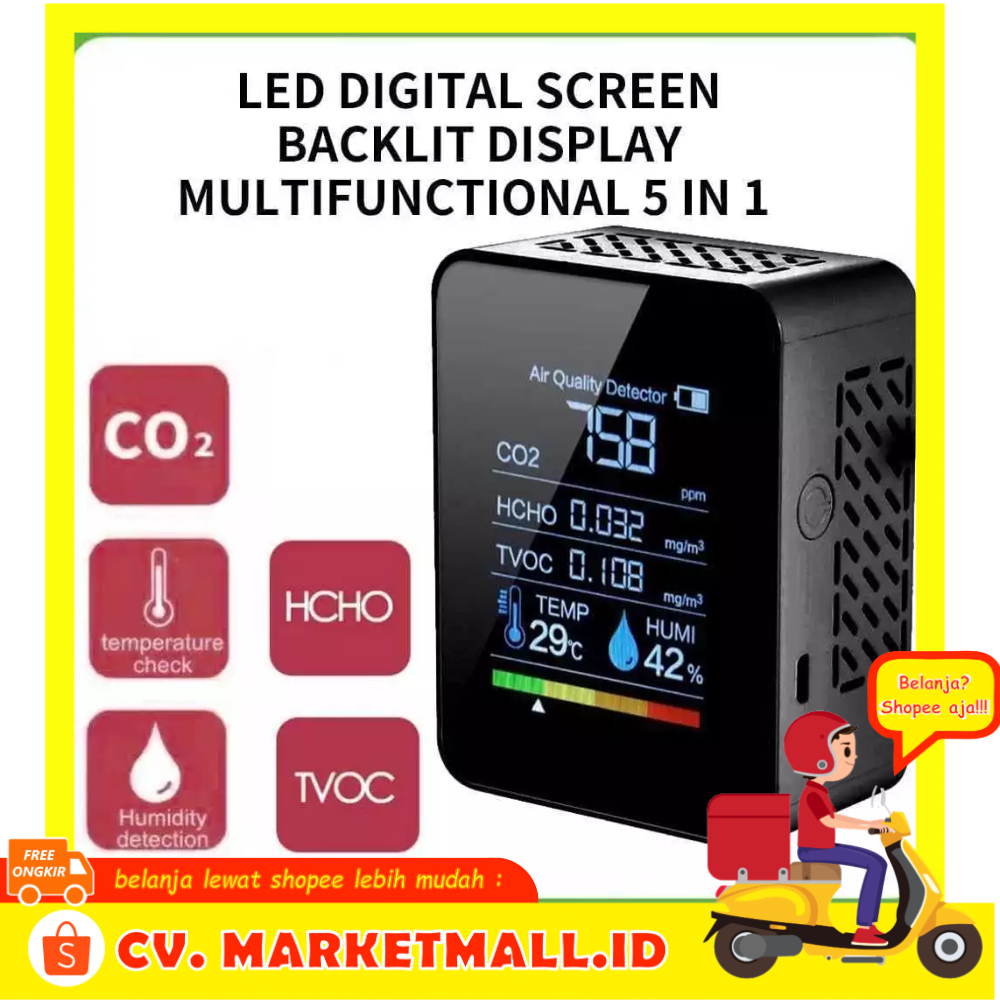 Jual Market Mall - Alat Cek Kualitas Udara 5in1 CO2 TVOC HCHO PM2.5 ...