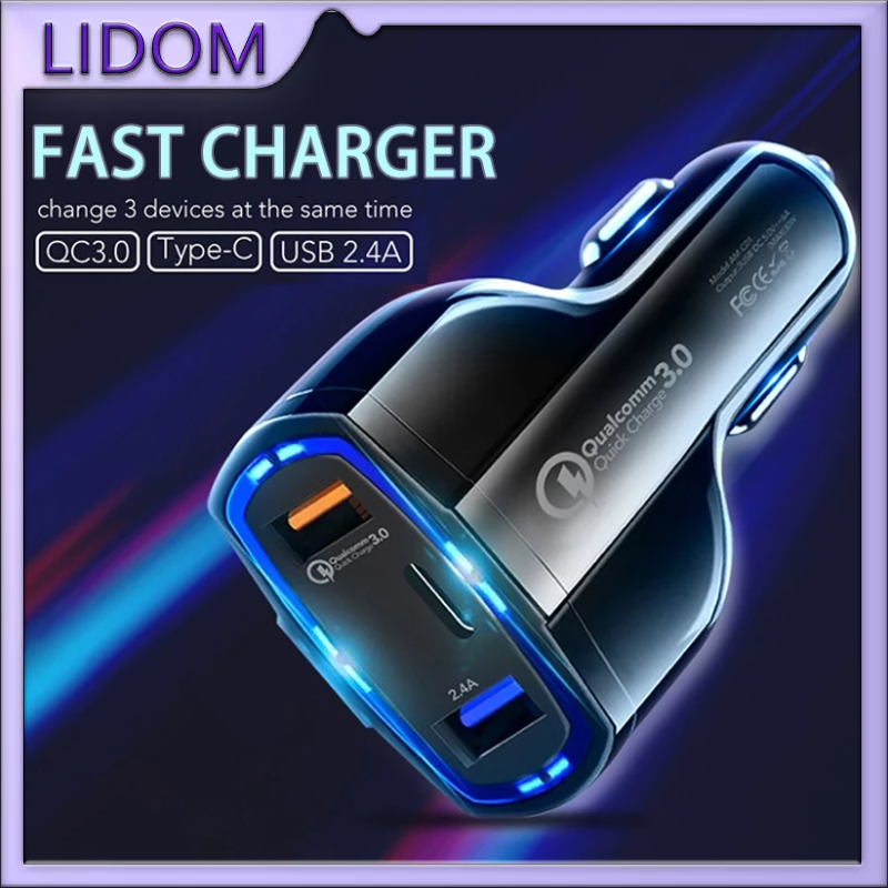 Jual Car Charger Fast Charger 3 Port USB QC 3.0 TYPE C Output Saver ...