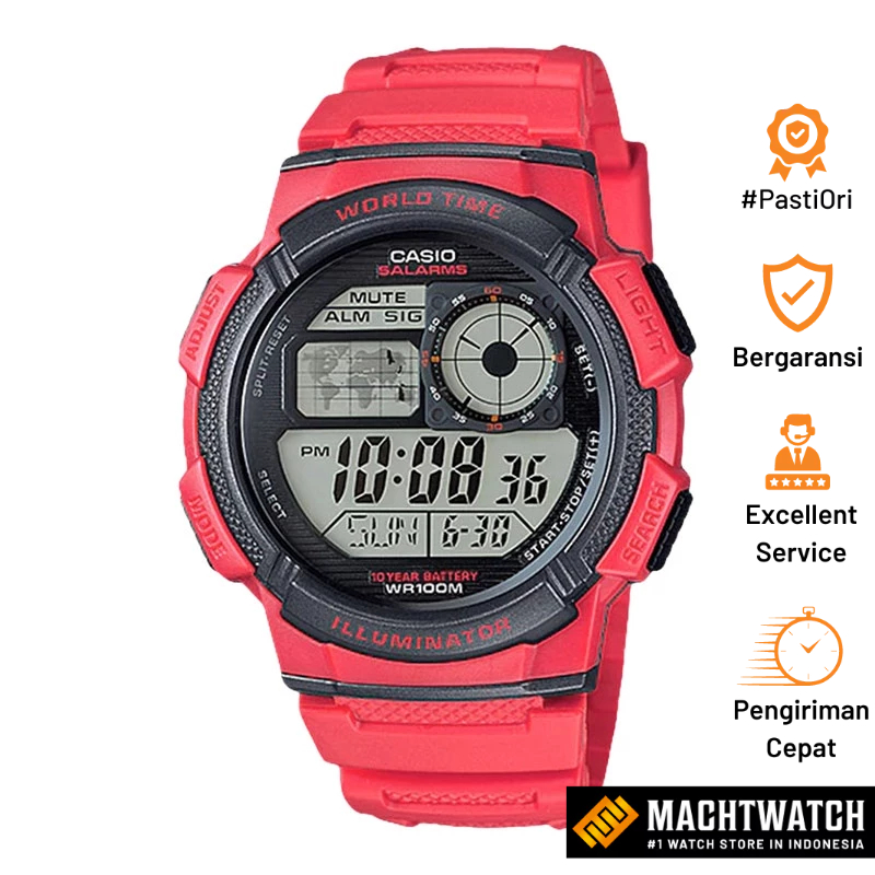 Jual Jam Tangan Pria Casio General AE-1000W-4AVDF 10 Year Battery Life Digital Dial Red Resin ...