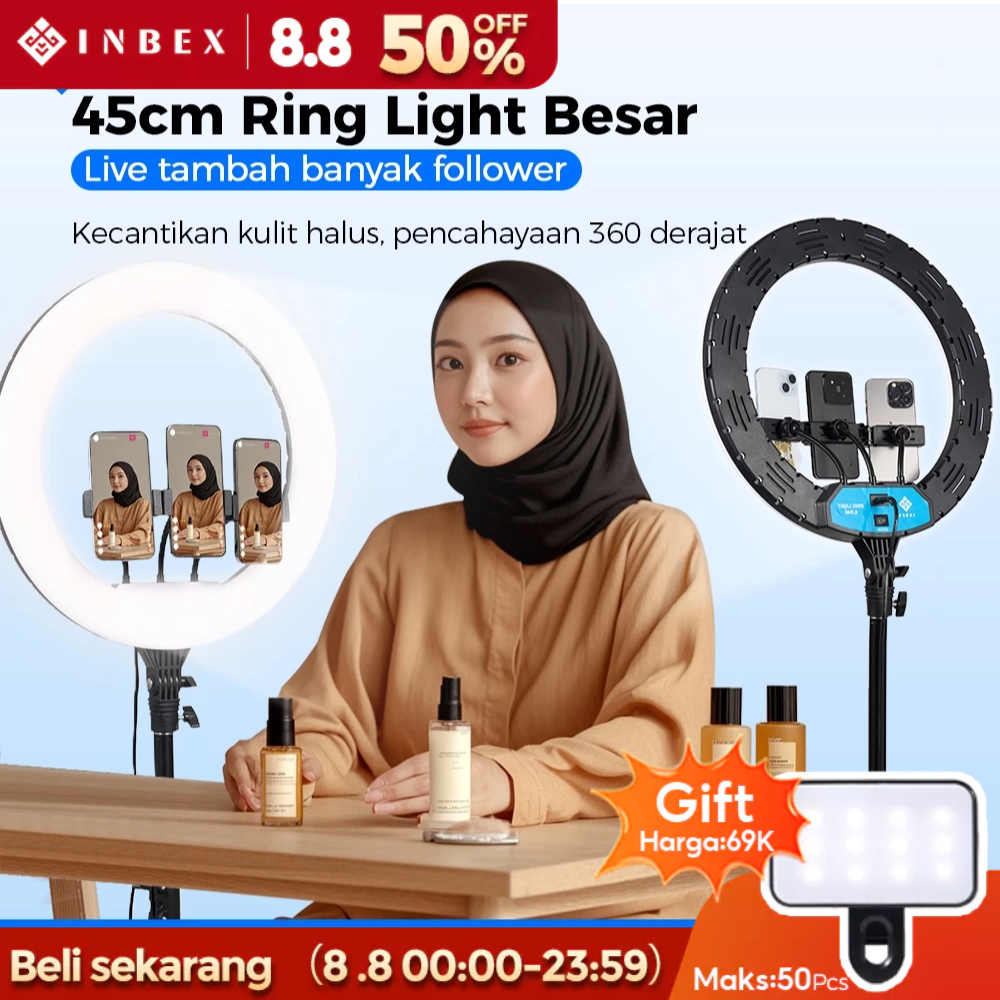 Jual ⭐8.8-15K Off】INBEX 45CM Ring Light Besar 3 Holder HP Dimmable ...