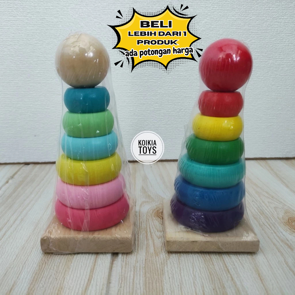 Jual Mainan edukasi anak wooden stacking ring donat ring susun bahan ...