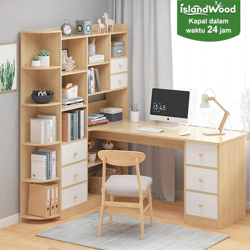 Jual 140CM Meja Kantor Kayu Meja belajar dengan Rak Buku Meja Komputer ...