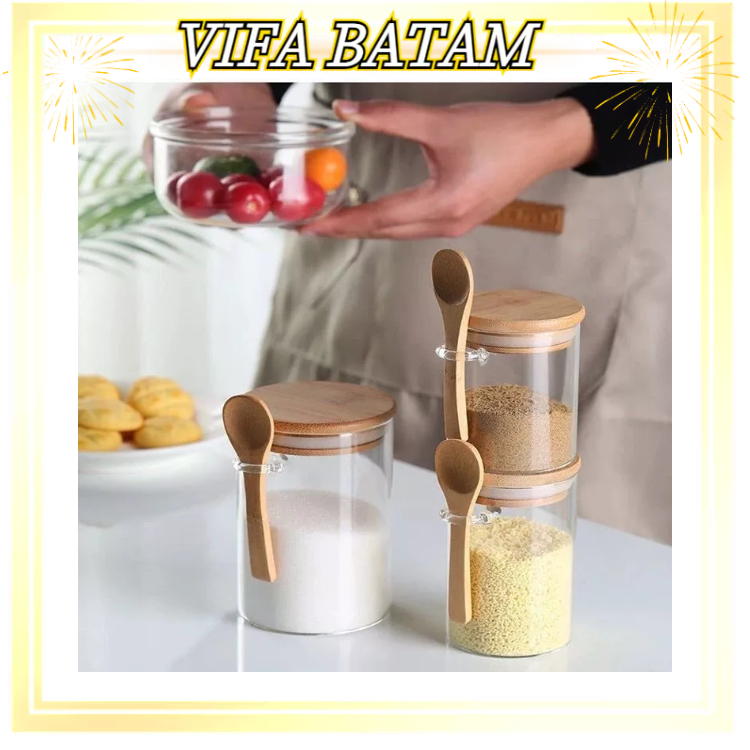 Jual VIFA_BATAM Tempat Bumbu Aesthetic Kaca/Botol Bumbu Tutup Kayu ...