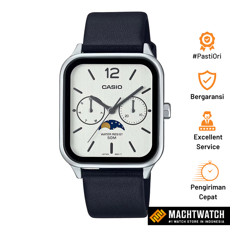 Jual Jam Tangan Pria Casio General MTP-M305L-7AVDF Men Moon Phase Silver Dial Black Leather Band ...