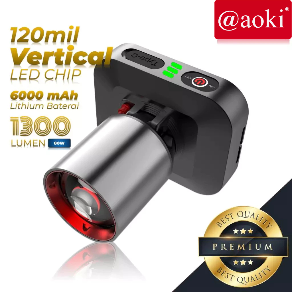 Jual AOKI Senter Kepala Cahaya Maksimal Plus RechargePro USB-C, 80W 1300lumen 1500lumen ...