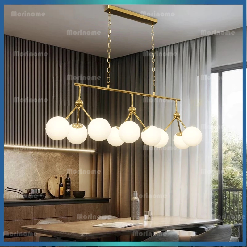 Jual Lampu Gantung Ruang Makan Minimalis Modern Elegan LED 3 warna Emas 9 Bola Kaca Susu 120cm ...