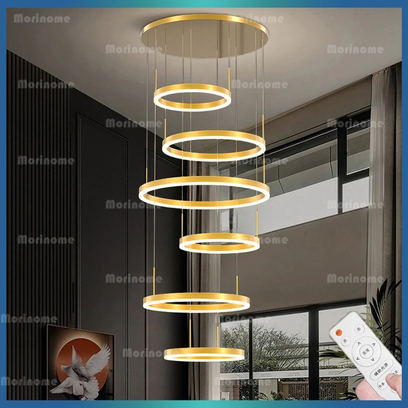 Jual Lampu Gantung Void Lampu Gantung Ruang Tamu Tangga 6 Ring LED 3 warna Modern Gold Lampu ...