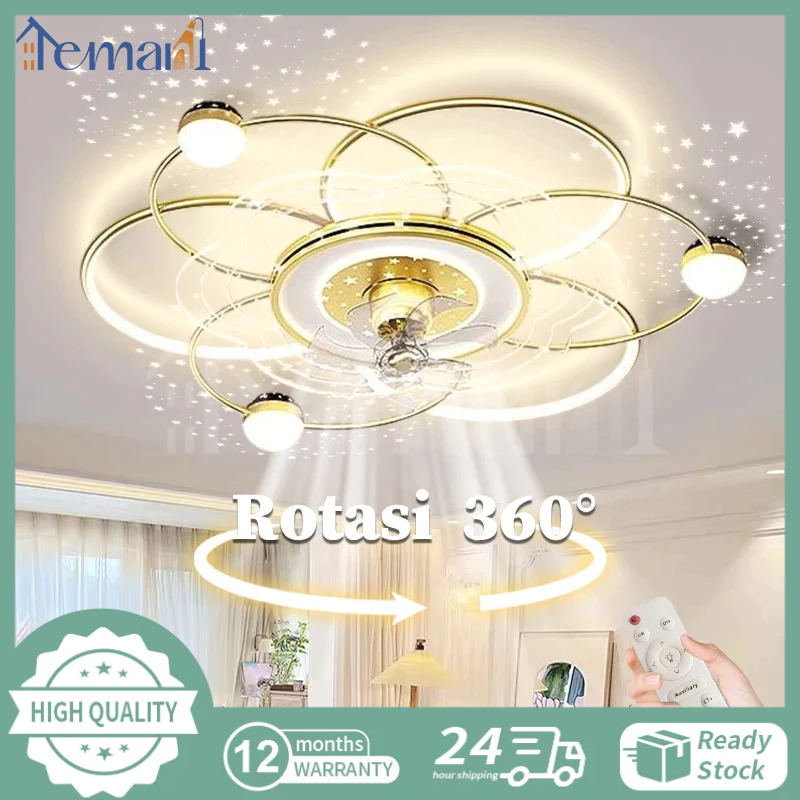 Jual Lampu Kipas Angin Gantung Plafon Mewah Emas 100cm bunga rotasi 360° LED 3 Warna Remote ...