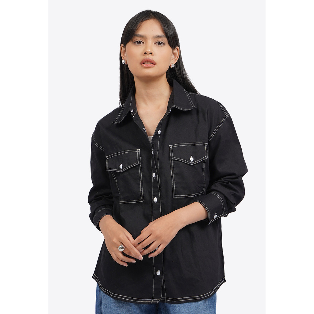 Jual COLORBOX Contrast Stitch Long Sleeve Shirt Black | Shopee Indonesia