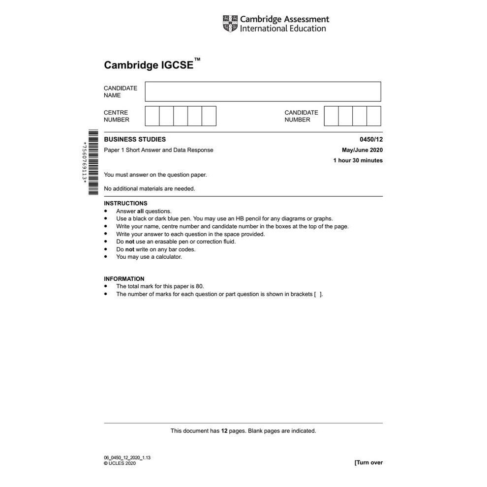 Jual Igcse Business 0450 2011- 2020 May/June Past Papers And Mark ...