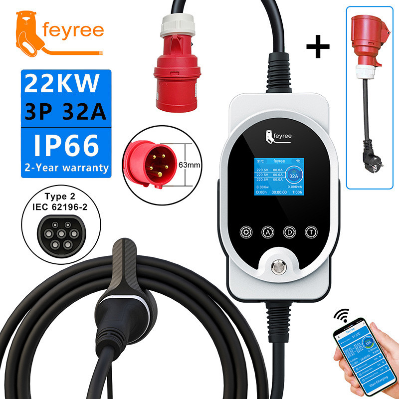 Jual feyree 22KW EV Portable Charger 32A 3Phase Type2 Cable EVSE Wallbox Wi-Fi APP Smart Mobile ...