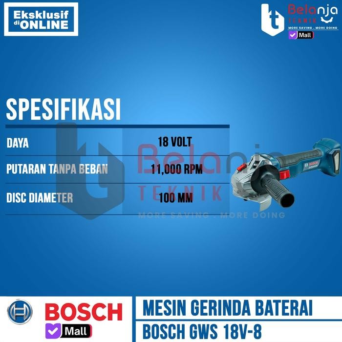 Jual Mesin Gerinda Tangan Baterai Bosch GWS 18V-8 4 Inch Set Charger ...