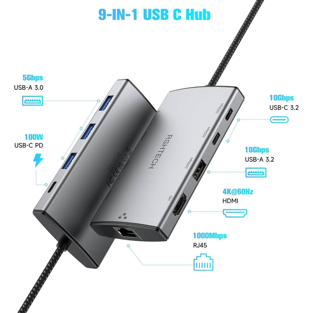 Jual RSHTECH 9-in-1 USB C Hub Multiport Adapter with 4K HDMI 10Gbps USB-A & 2 USB-C Ports 100W ...