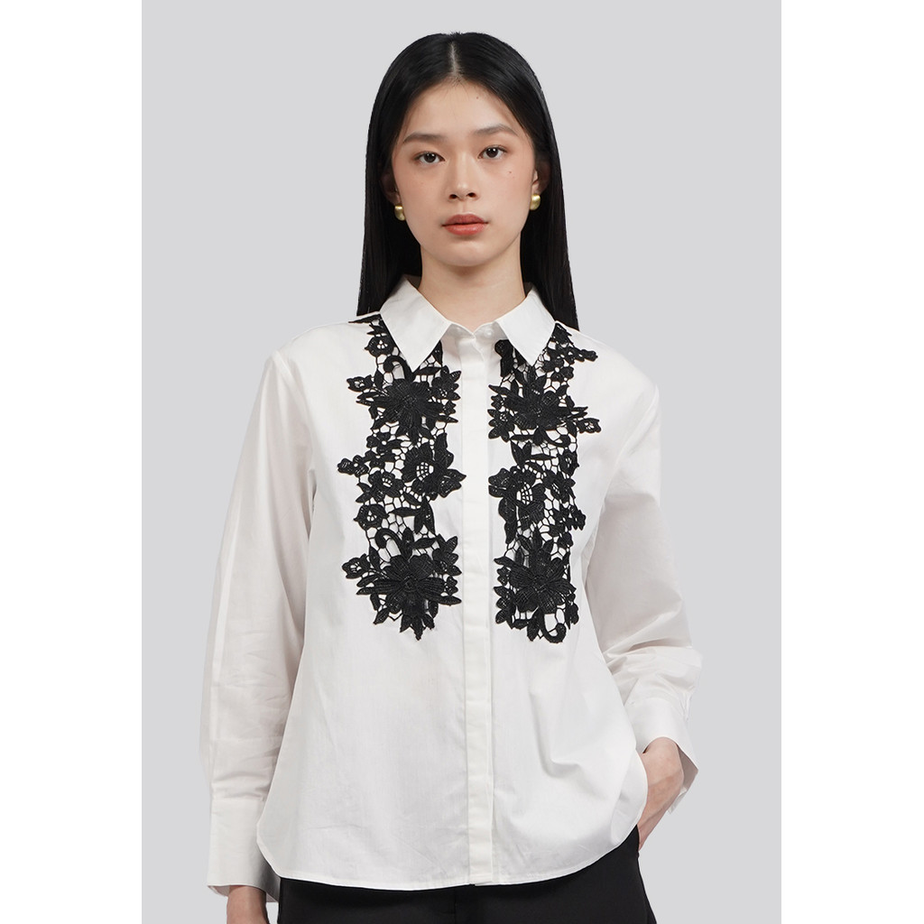 Jual Executive Lace Bib Long Sleeve Shirt Off White | Shopee Indonesia