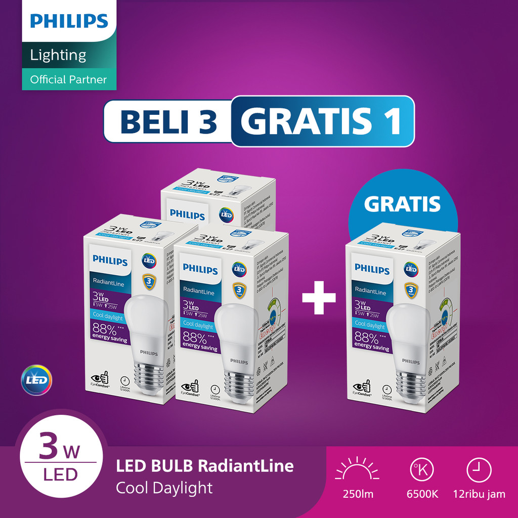 Jual Beli 3 GRATIS 1 Philips Lampu Radiantline LEDBulb 3W 6500K Putih ...
