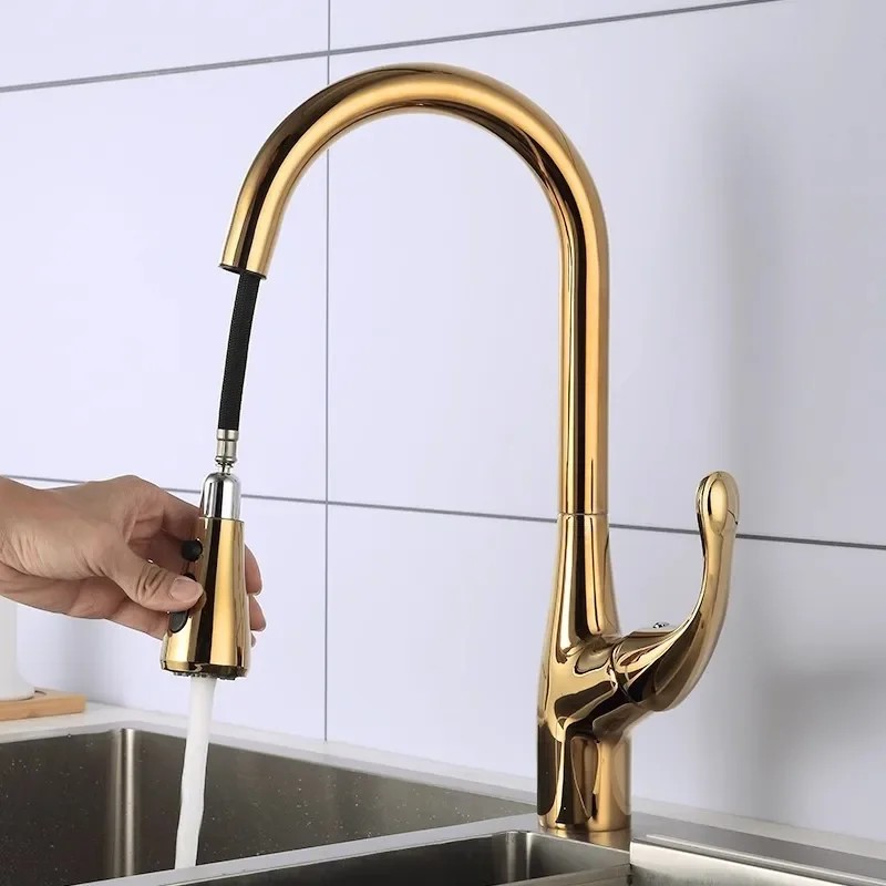 Jual Gold Pull Out Kitchen Faucet Black Kitchen Tap 360 Rotate Sink ...