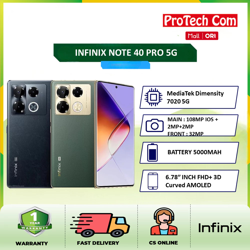 Jual INFINIX NOTE 40 PRO 5G 8GB 256GBB DIMENSITY 7020 5G 6.78" INCH FHD+ 3D CURVED AMOLED 108MP ...