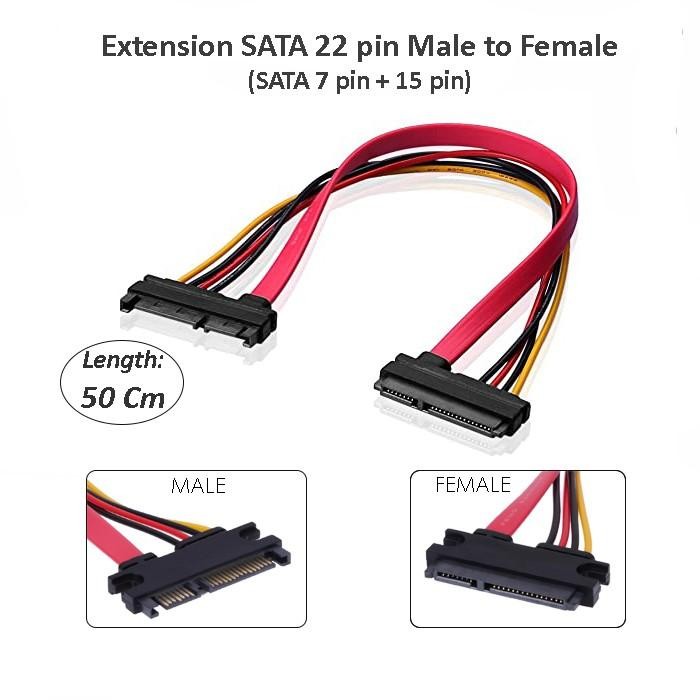 Jual Kabel Extension Sata 22 Pin Male To Female Sata 7 + 15 Pin 50Cm ...