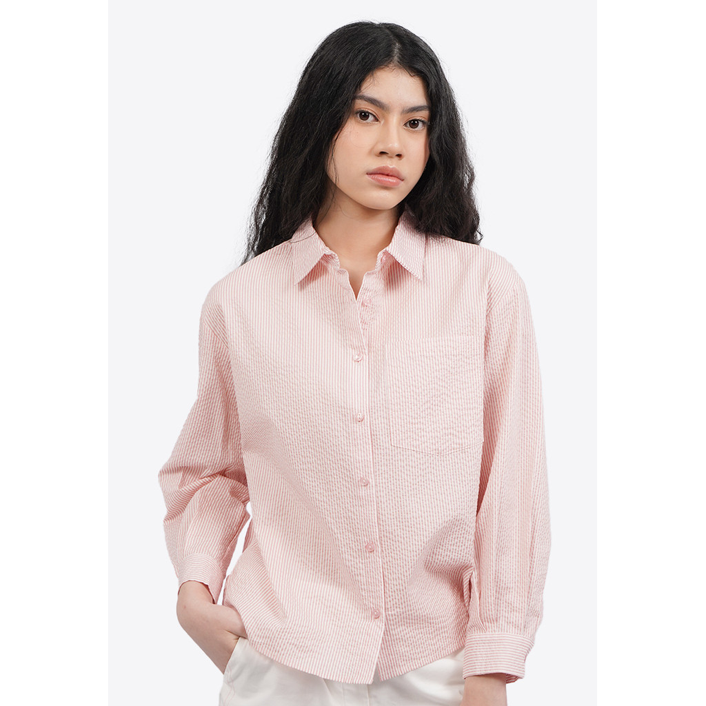 Jual COLORBOX Textured Long Sleeve Stripes Blouse Lt. Pink | Shopee ...
