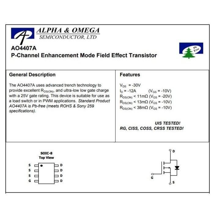 Jual (Expert) AO4407A 4407A -30V 12A P-Channel MOSFET SOIC-8 | Shopee ...
