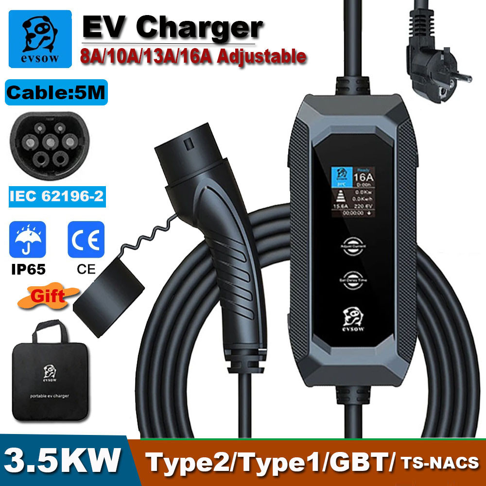 Jual evsow Portable EV Charger Type2 16A 3.5KW 1Phase Electric Car ...