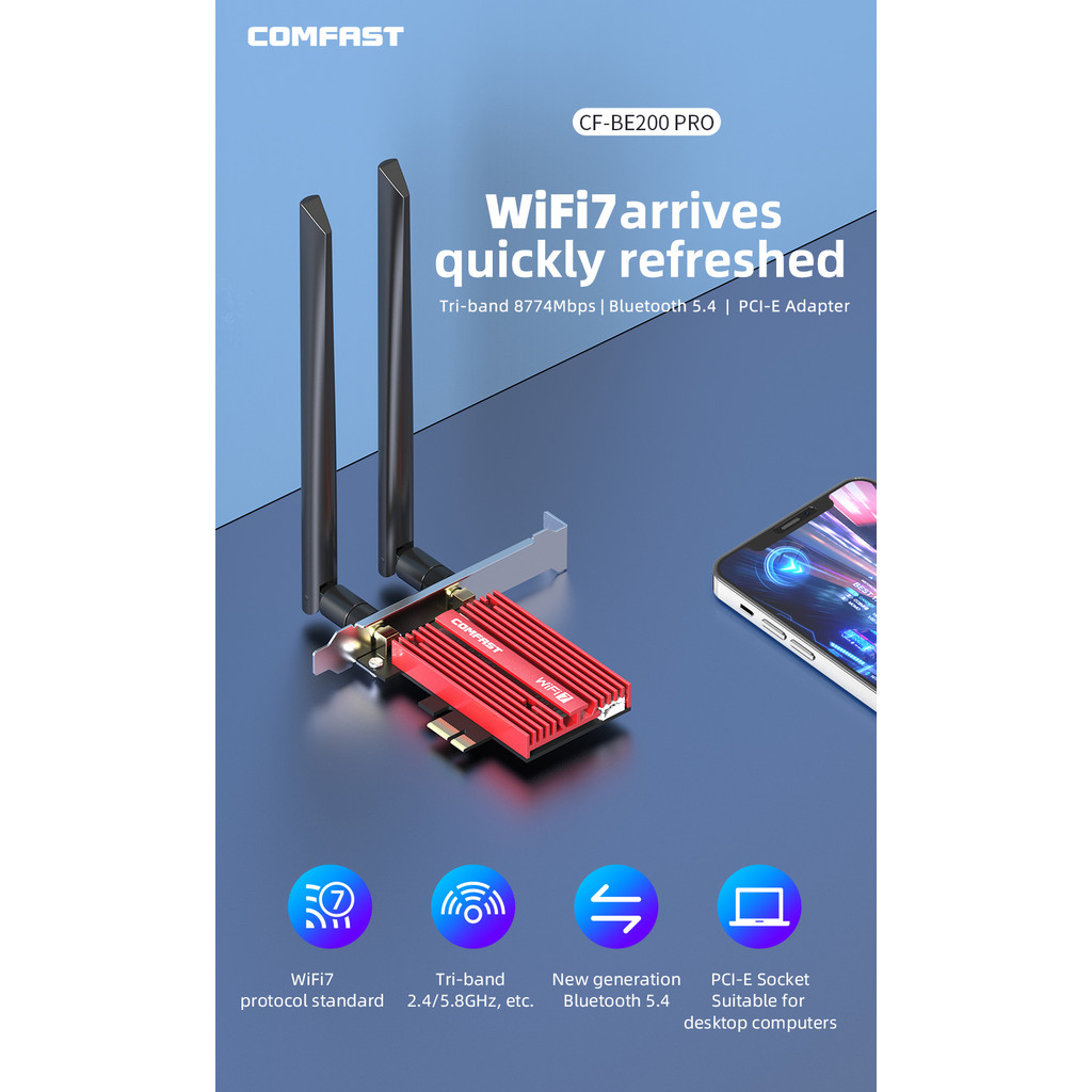 Jual JUAL Comfast 8774Mbps PCI-E Wireless Adapter WiFi 7 Intel BE200 WiFi Card 2.4G/5G/6GHz Tri ...