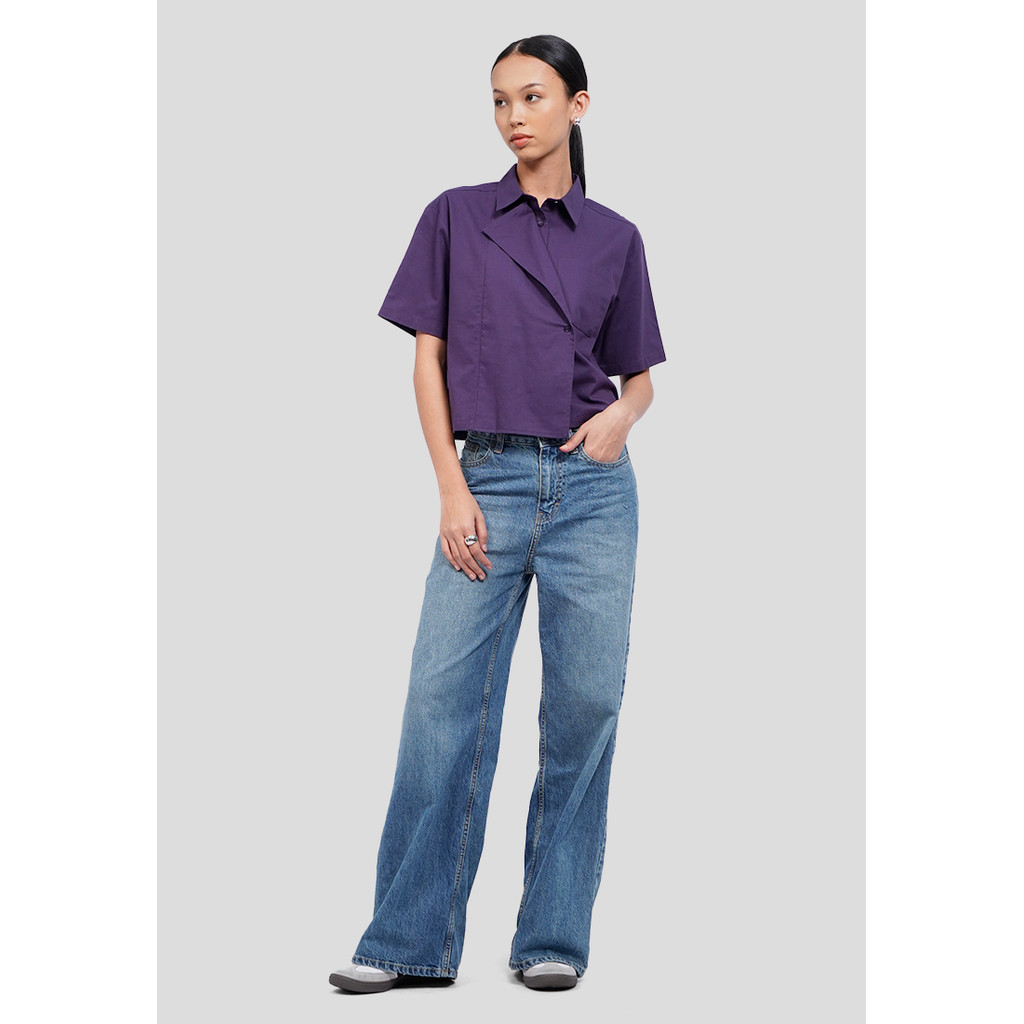 Jual Executive Statement Collar Short Sleeve Blouse Purple | Shopee ...