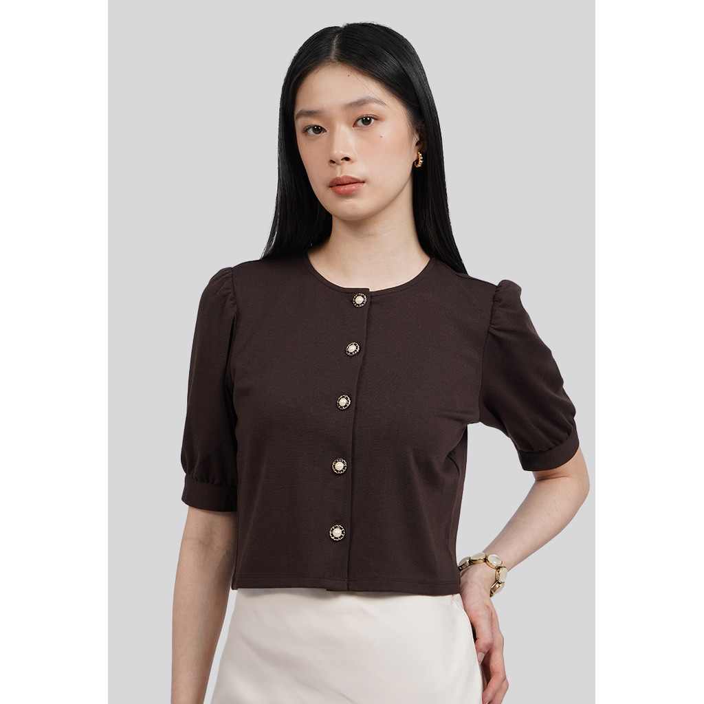Jual Executive Round Neck Puff Sleeves Top Dark Brown | Shopee Indonesia