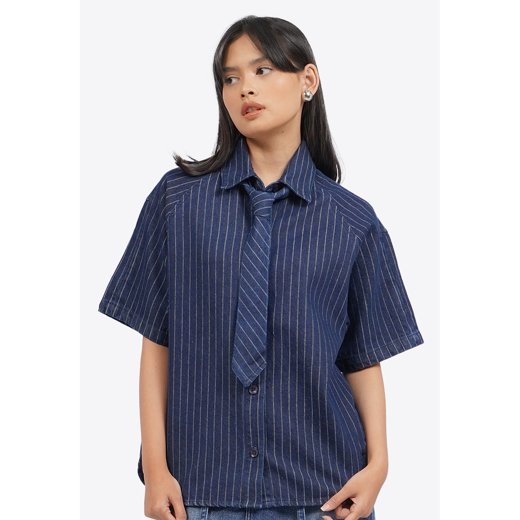 Jual COLORBOX Oversized Denim Shirt with Tie Details Dark Blue | Shopee ...