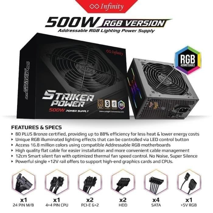 Jual PSU POWER SUPPLY INFINITY 500W 500WATT 80+ BRONZE RGB STRIKER ...