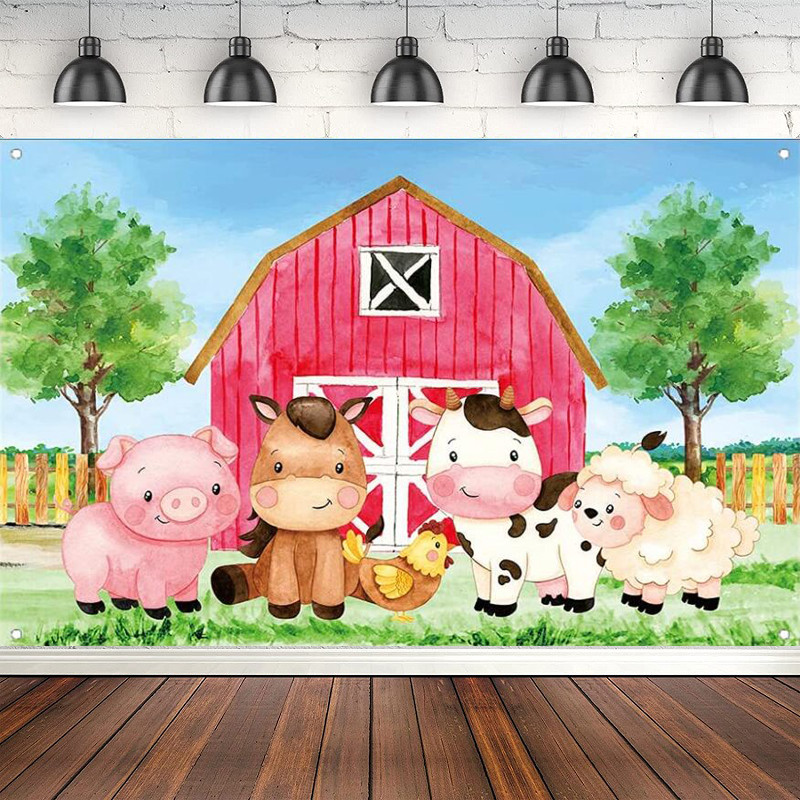 Jual Photography Backdrop Cartoon Farm Animals Red Barnyard Door Blue ...