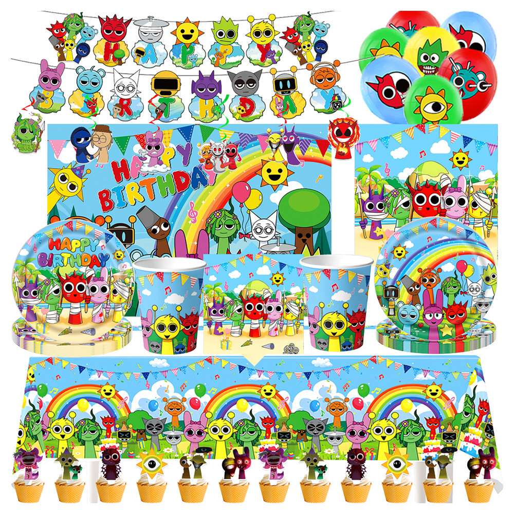 Jual Incredibox Sprunki Party Supplies Disposable Party Plates Backdrop ...