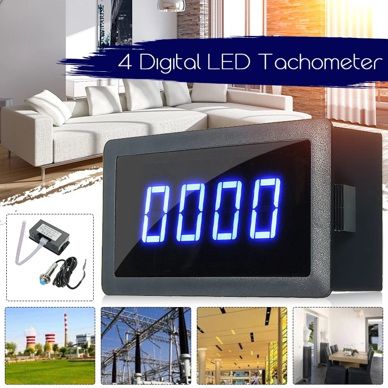 Jual 1Pc 4 Digital LED Blue Green Tachometer Gauge RPM Speed Meter+Hall ...