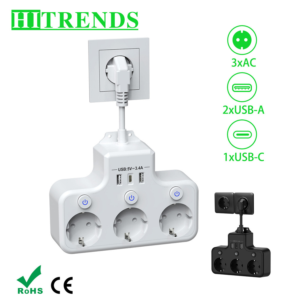 Jual Eu Plug Power Strip 3 Ac Outlets Multi-Function Socket Individual ...